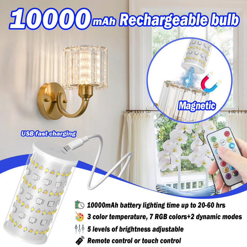 Everly Quinn Set of 2 Battery-Operated Wall Sconces, Wireless Rechargeable RGB Crystal Wall ...